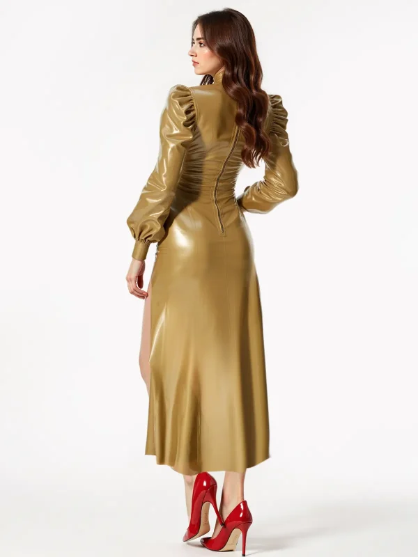 Latex Puff Sleeve Ankle-Length Dress with Bow and Slit - Latexcharms