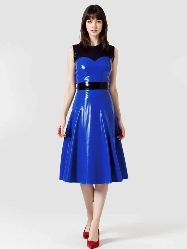 Latex Blue & Black Paneled Sleeveless Two-Piece Dress - Latexcharms