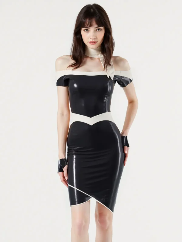 Latex Black and White Off-Shoulder Dress - Latexcharms