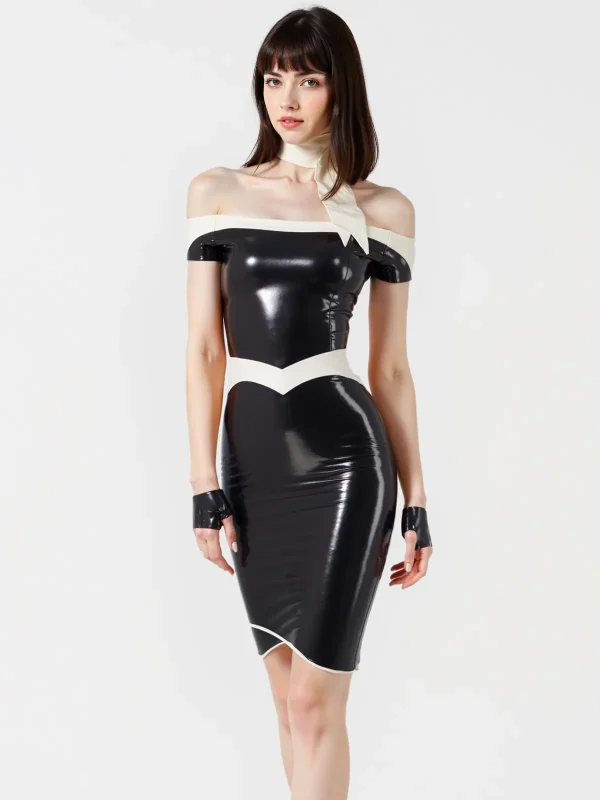 Latex Black and White Off-Shoulder Dress - Latexcharms