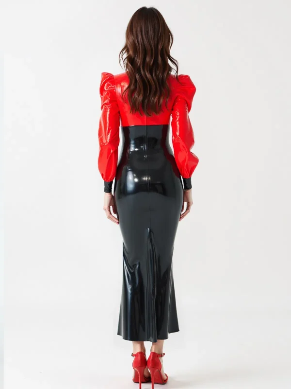 Latex Puff Sleeve Ankle-Length Dress with Chest Cutout - Latexcharms