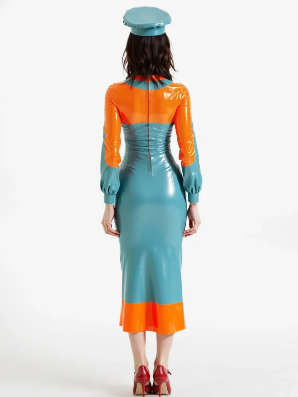 Latex Open Front V-Neck Long Sleeve Dress - Latexcharms