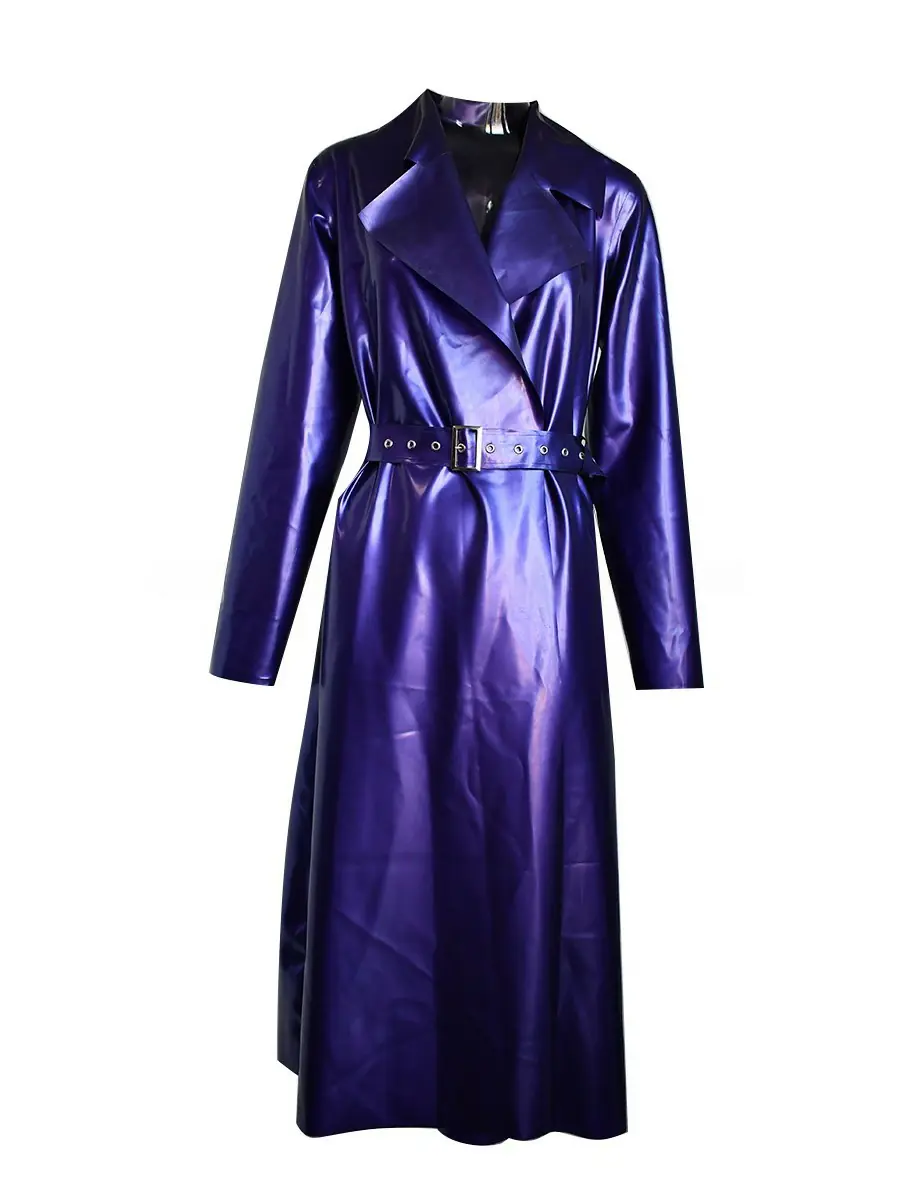 Latexový metalický fialový dlouhý trenčkot s páskem - Latexcharms